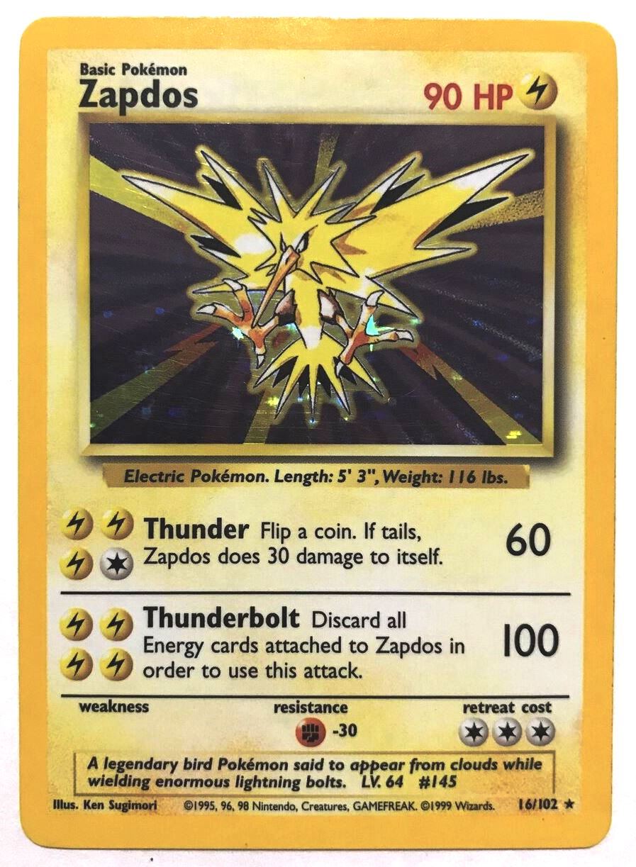 Zapdos (Card #16/102) “Pokemon Unlimited Edition Holo Foil Base Set 1 ...