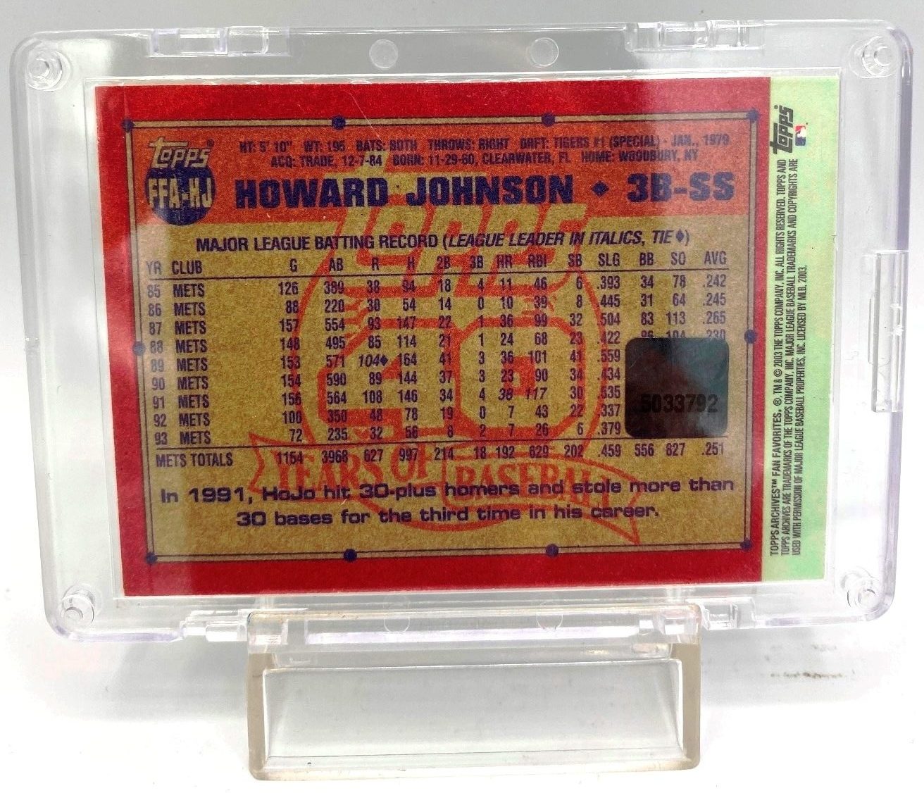 2003 Topps Archives Howard Johnson Certified Autograph Issue