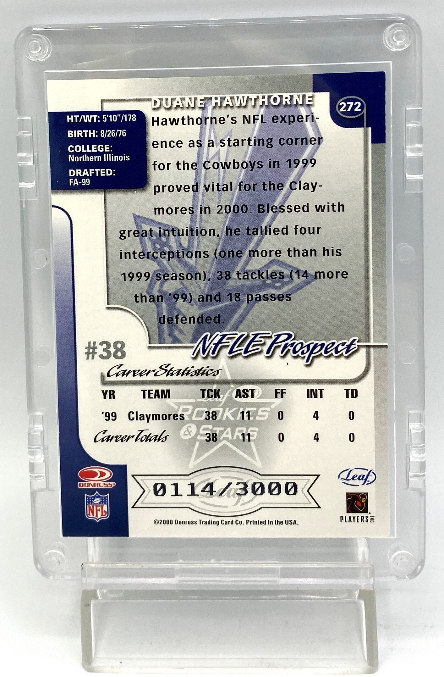 2000 Leaf Rookies & Stars Duane Hawthorne Autographed Card #272 ...