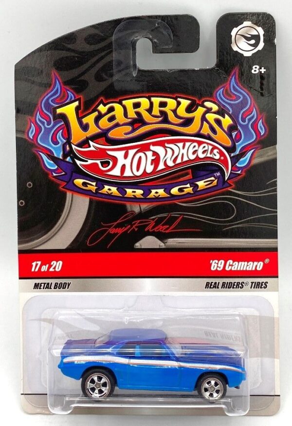 '69 Camaro ("Larry’s Garage-Signature Card") Blue w/Silver & Orange Stripes, Blue Interior ...