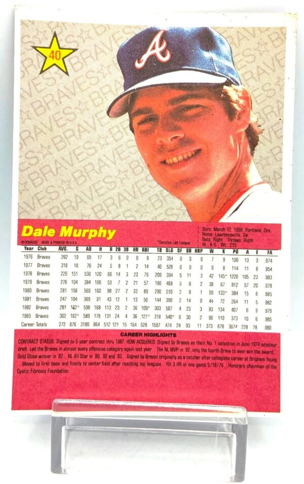 Vintage 1984 Donruss MLB Action All Stars Dale Murphy Card #40 ('84 ...