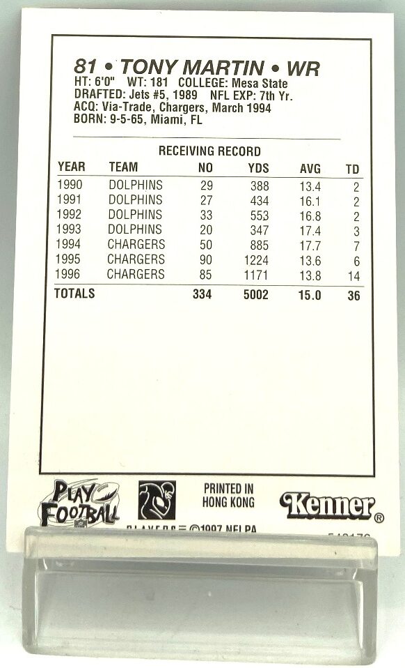 Vintage 1997 Kenner SLU Trading Card Tony Martin NFL Chargers #81 ...