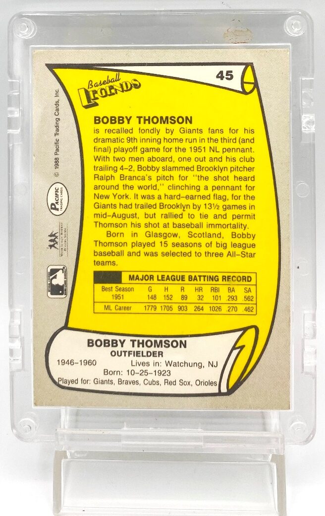 Vintage 1988 Pacific Baseball Legends Bobby Thomson Card #45 ("Original ...