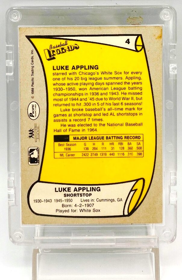 Vintage 1988 Pacific Baseball Legends Luke Appling Card #4 ("Original ...