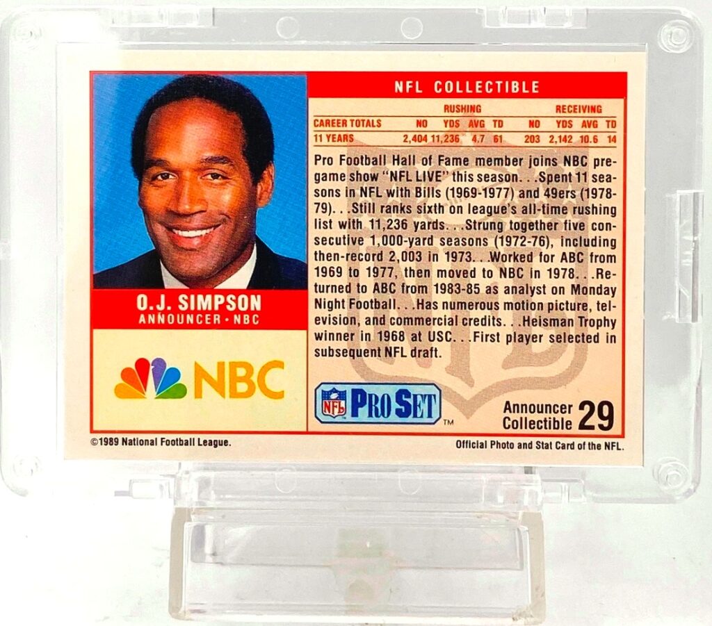 Vintage 1989 Pro Set NFL Hall Of Fame Member OJ Simpson Card #29 (NBC ...