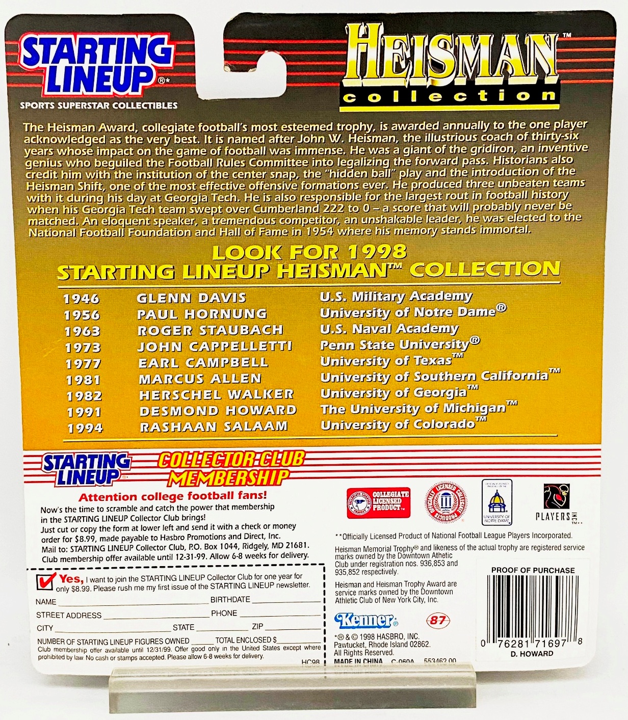 Vintage 1998 Starting Lineup Heisman Collection Desmond Howard "w/1991 ...