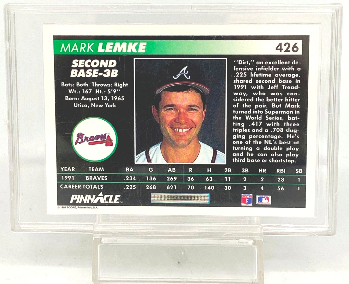 Vintage 1992 Pinnacle Mark Lemke Card #426 ("Atlanta Braves") "Card ...