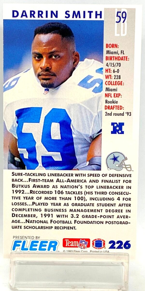 Vintage 1993 Fleer NFL Game Day '93 Darrin Smith Rookie Card #226 Team: ("Dallas Cowboys-#59 ...