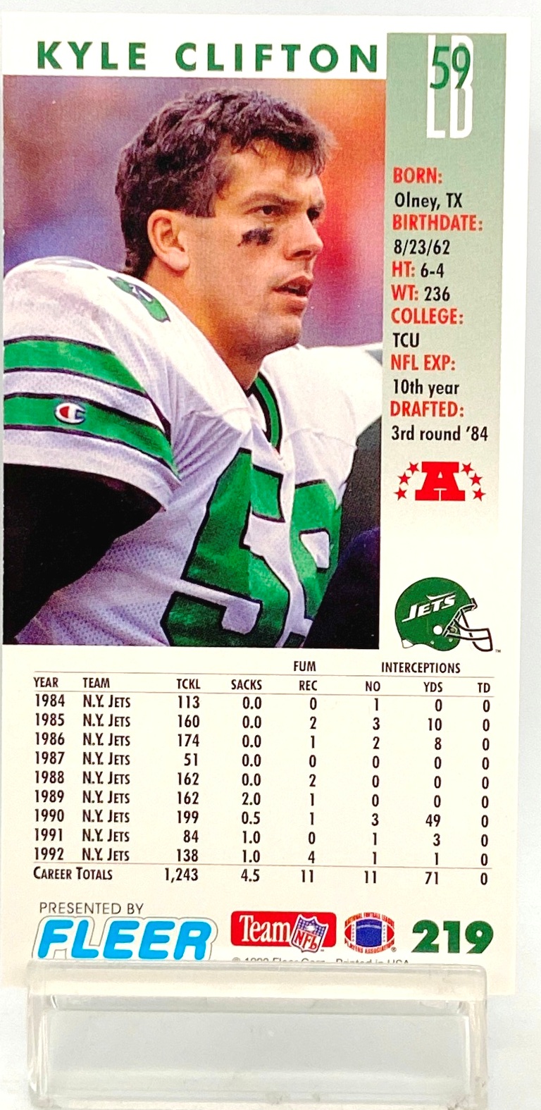1993 Fleer NFL Game Day '93 Kyle Clifton Card #219 (Jets)