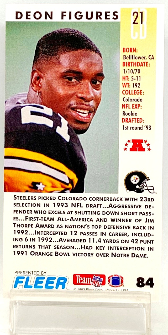 Vintage 1993 Fleer NFL Game Day '93 Deon Figures Rookie Card #84 Team ...