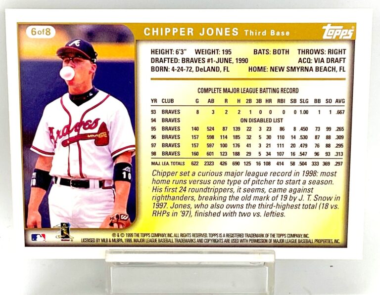 Vintage 1999 Topps Gold Exclusive MLB Chipper Jones Card # 6 of 8 (Size ...