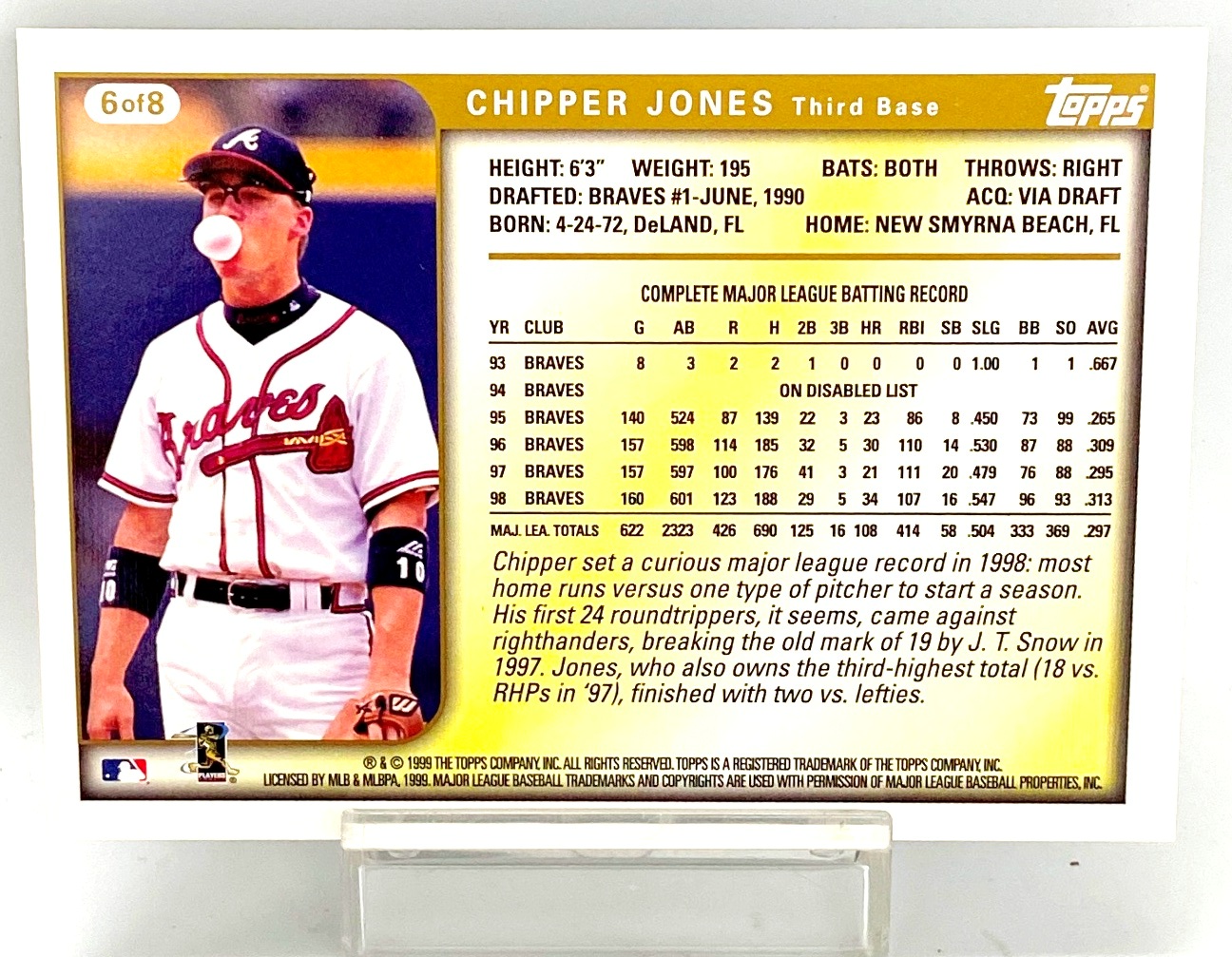 Vintage 1999 Topps Gold Exclusive MLB Chipper Jones Card # 6 of 8 (Size ...