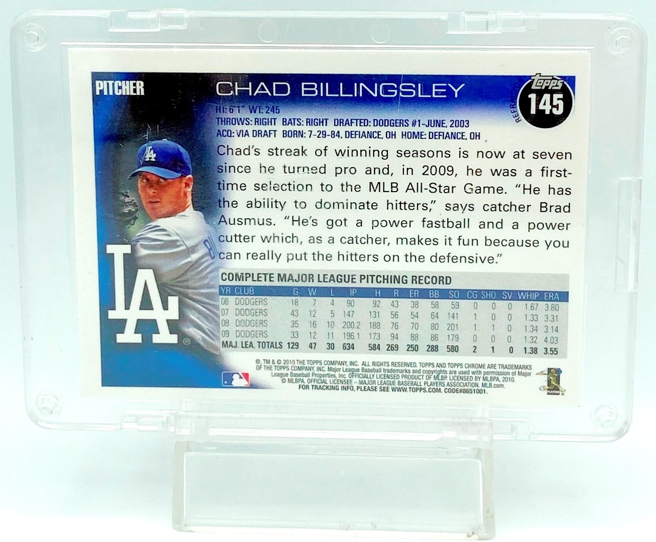 2010 Topps Chrome Chad Billingsley Refractor Card #145 (Dodgers)
