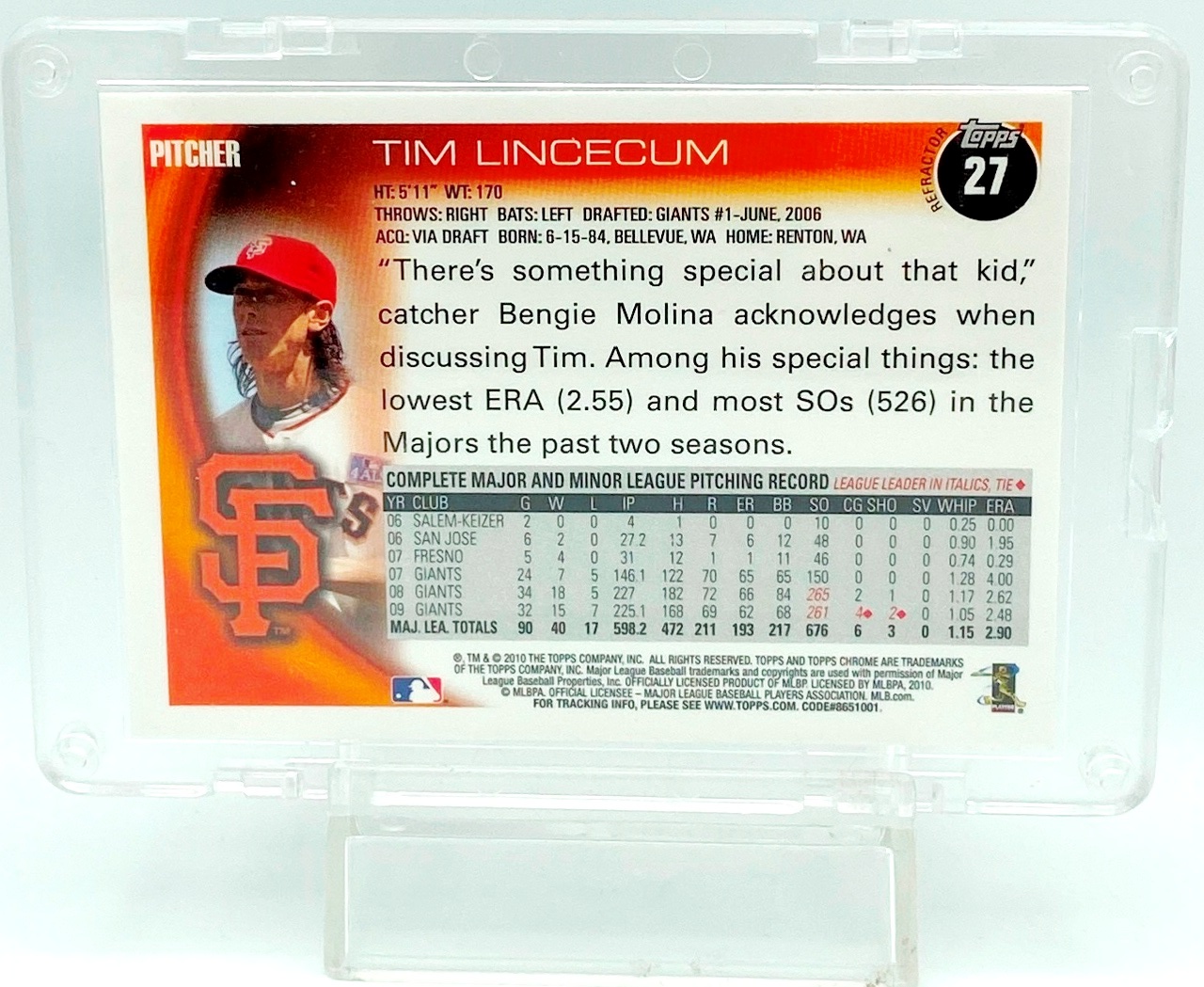 Vintage 2010 Topps Chrome Tim Lincecum Refractor Card #27 Team: (San ...