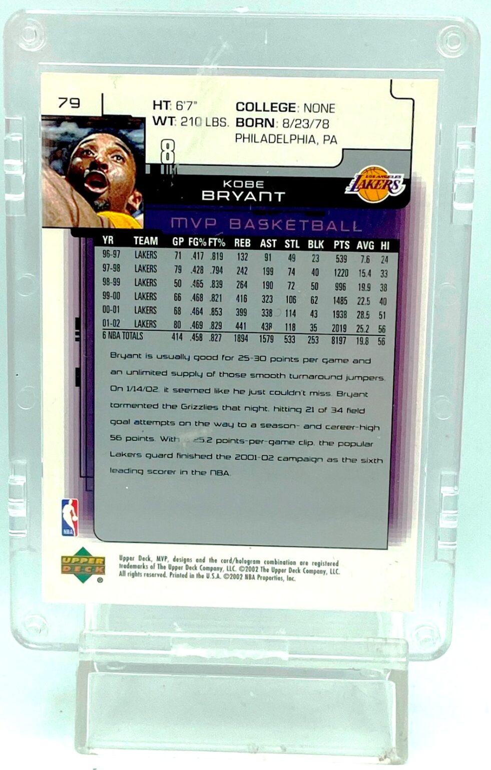 2002 Upper Deck MVP Kobe Bryant Card #79 ("LA Lakers")