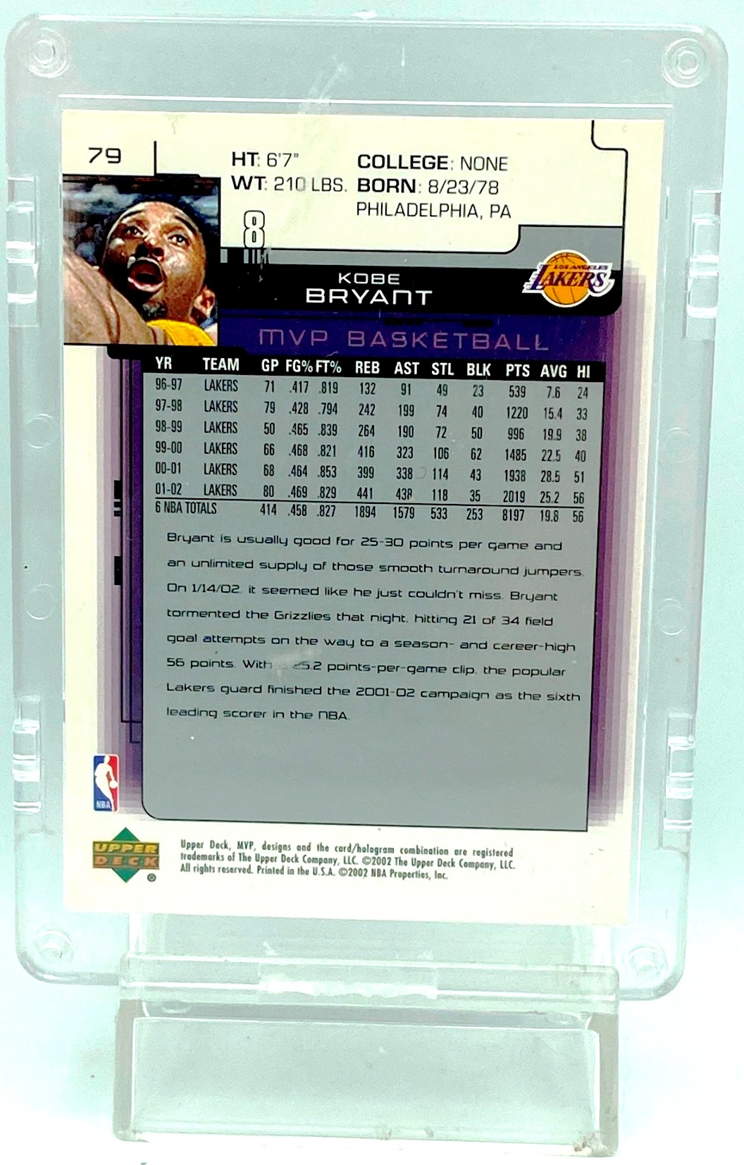 2002 Upper Deck MVP Kobe Bryant Card #79 ("LA Lakers")