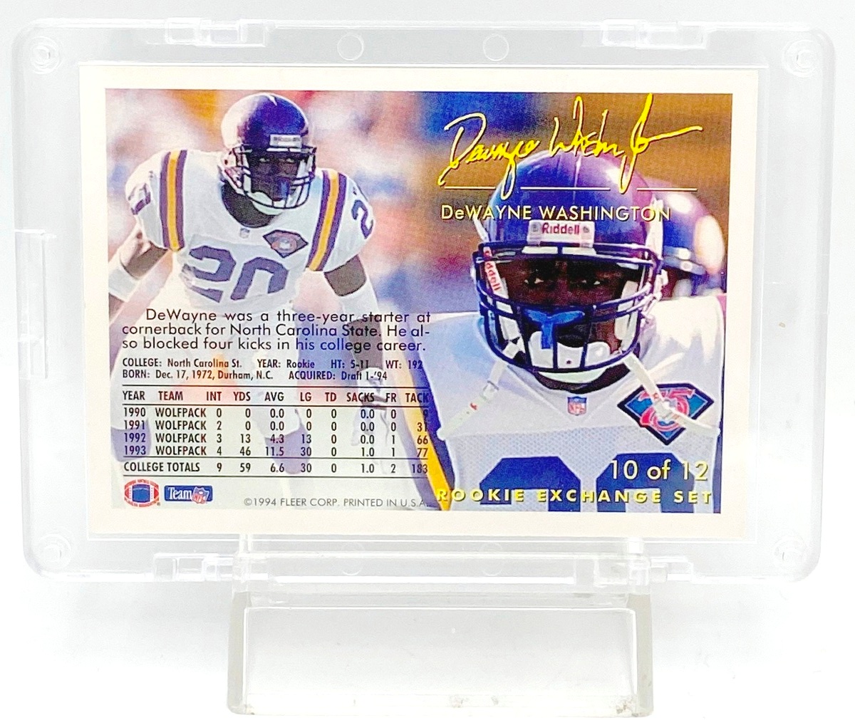 1994 Fleer NFL Dewayne Washington RC #10/12 Exclusive Redemption